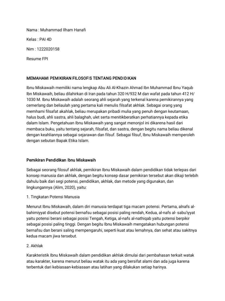 Muhammad Ilham Hanafi Resume FPI MEMAHAMI PEMIKIRAN FILOSOFIS TENTANG PENDIDIKAN | PDF | Agama ...