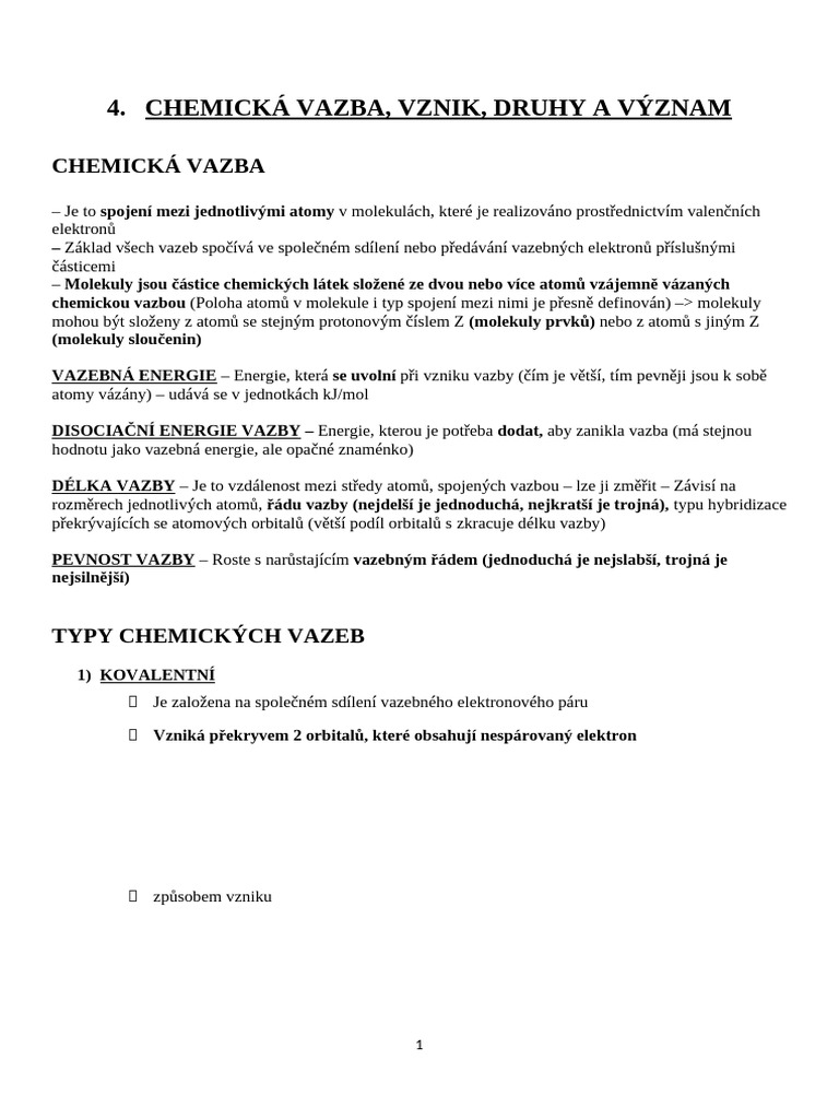 Chemická Vazba, Vznik, Druhy A Význam | PDF