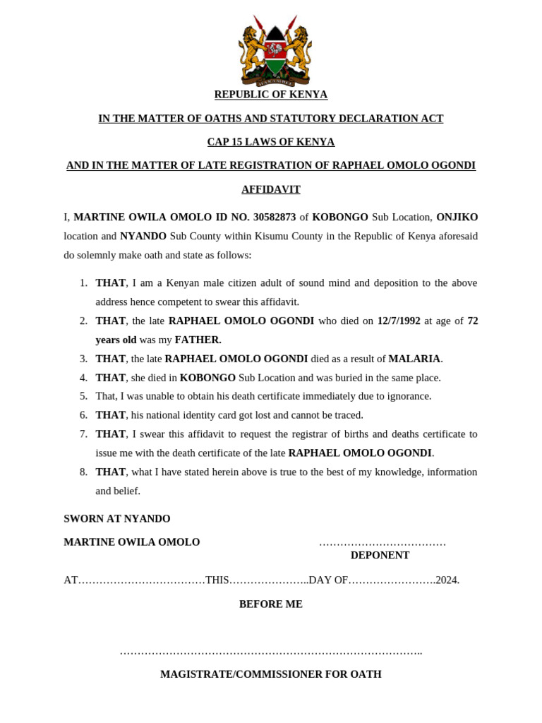 Republic of Kenya-Affidavit of Death RAPHAEL OMOLO OGONDI | PDF
