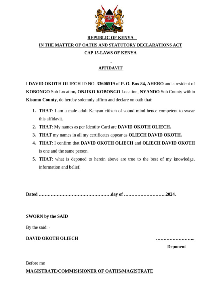 Affidavit For Correction of Name - DAVID OKOTH OLIECH | PDF