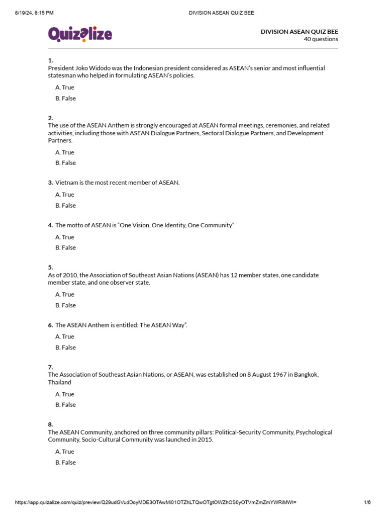 ASEAN Quiz Bee: Test Your Knowledge | PDF | International Relations ...