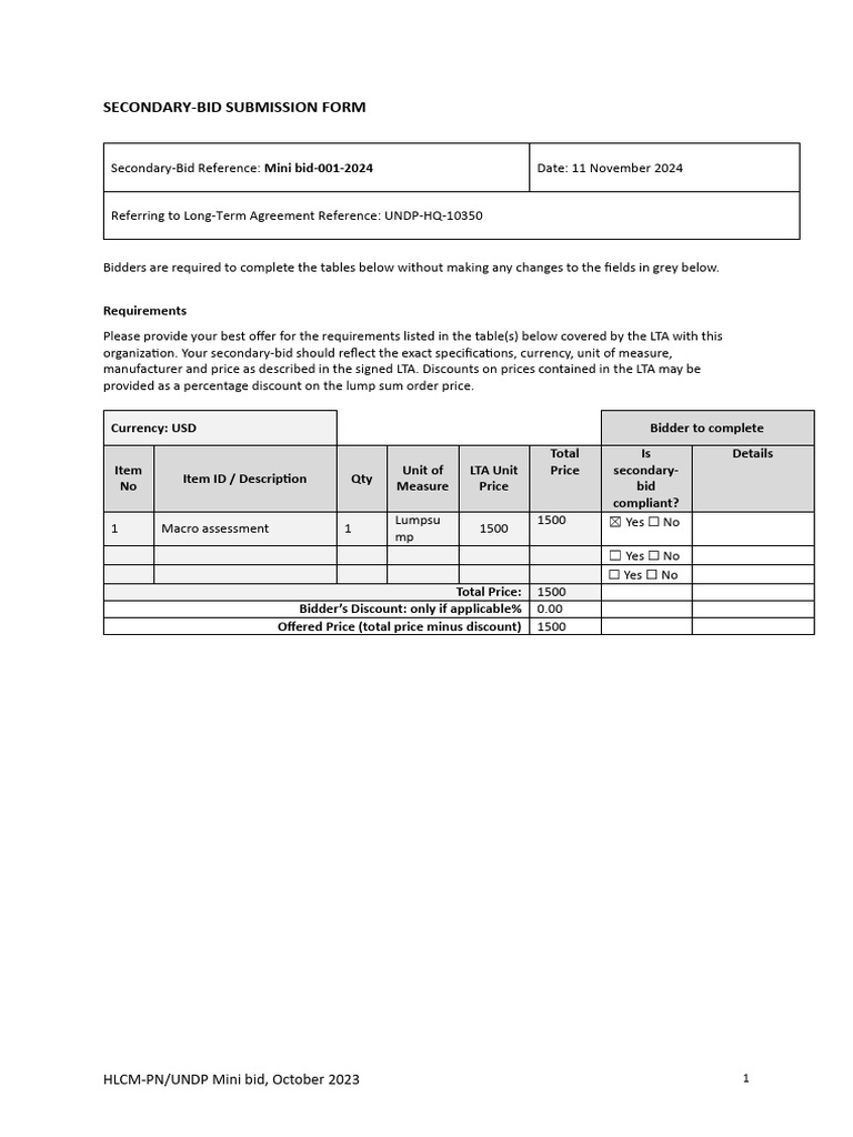 UNDP Mini Bid Submission Form 2024 | PDF