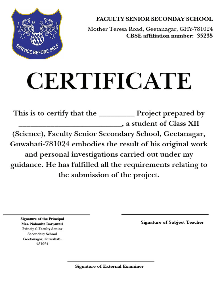 Class XII Science Project Certification | PDF