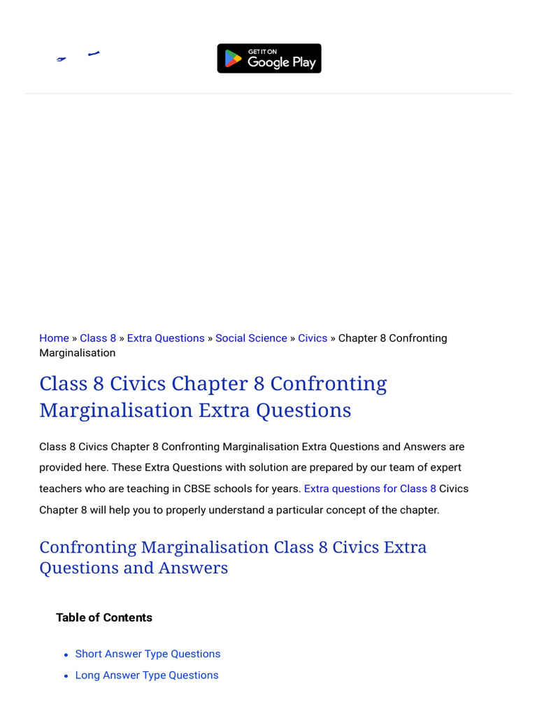 Class 8 Civics Chapter 8 Confronting Marginalisation Extra Questions ...