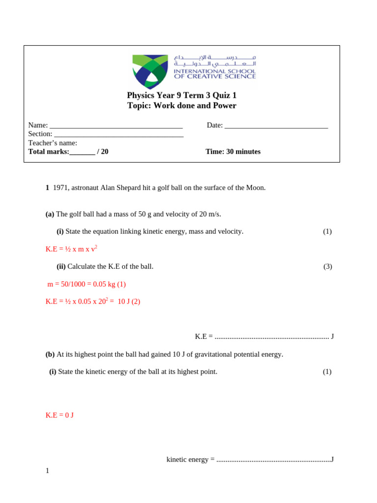 Quiz MS | PDF | Kinetic Energy | Mass