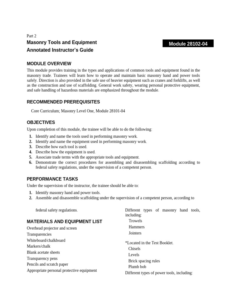Masonry Tools and Equipment Training Guide | PDF | Masonry | Tools