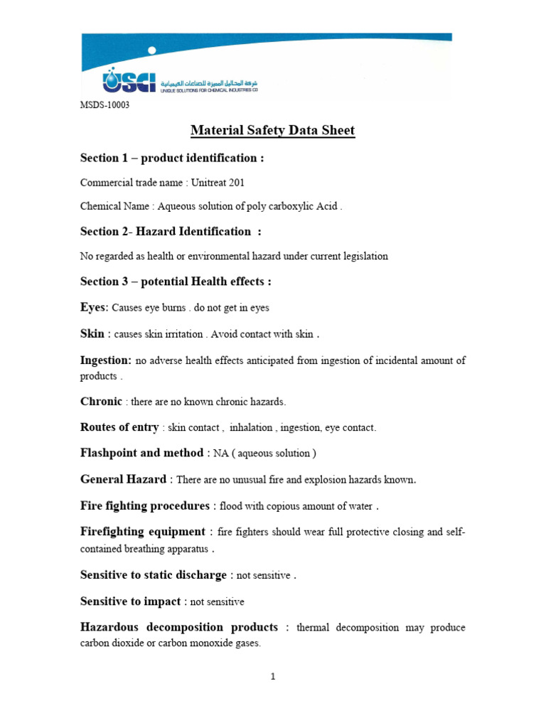 Unitreat 201 MSDS - Copy | PDF | Firefighting | Water
