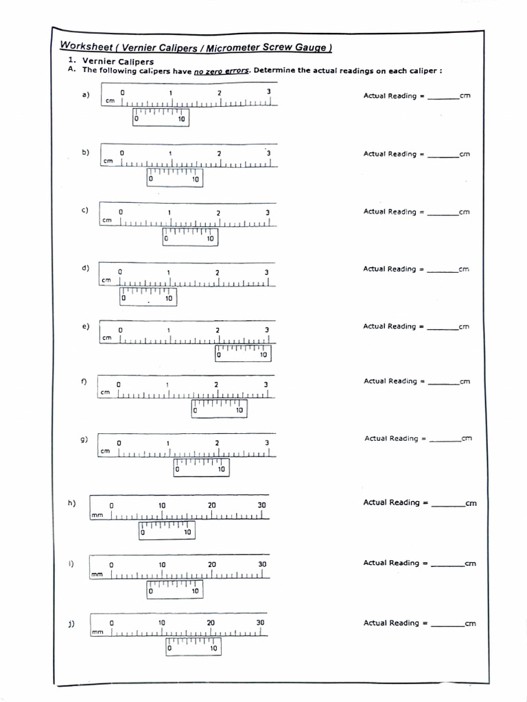 Vernier Calipers & Micrometer Gauge Worksheet | PDF | Measuring ...
