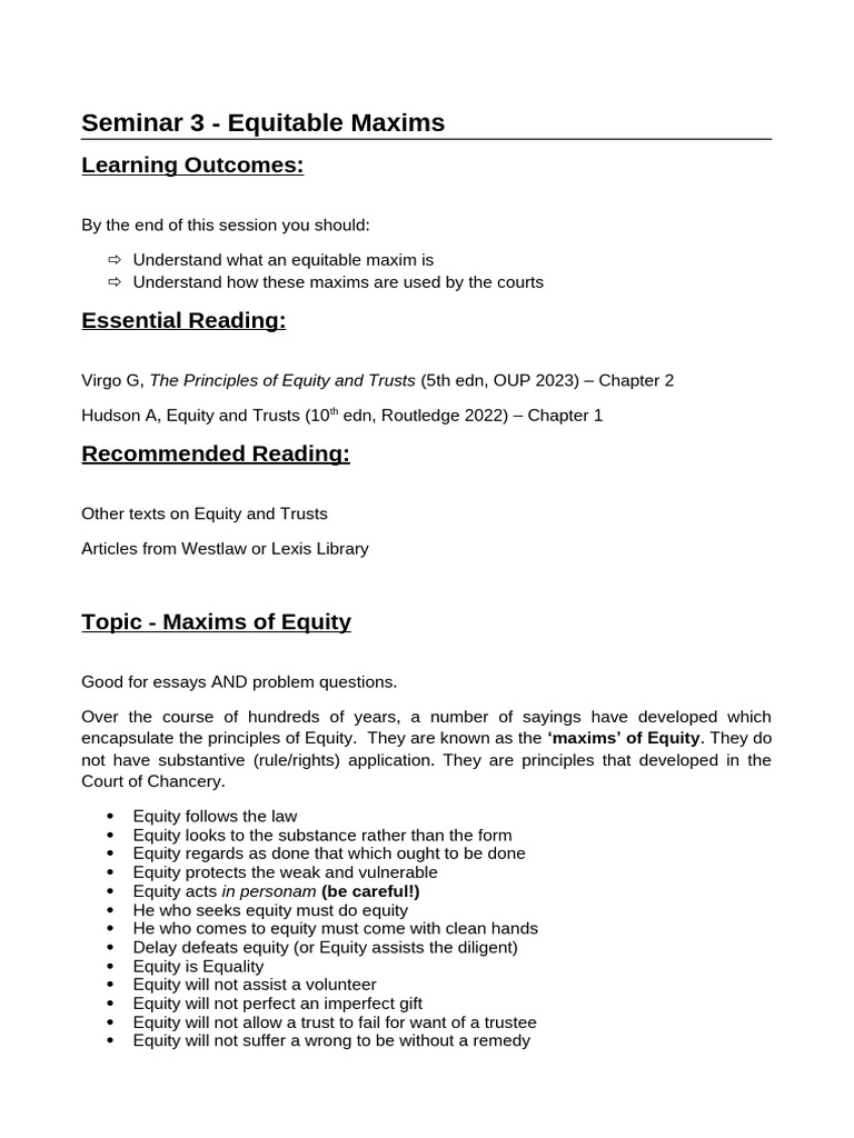 8 Seminar 3 Maxims of Equity Exercise 2023 | PDF | Equity (Law) | English Trust Law
