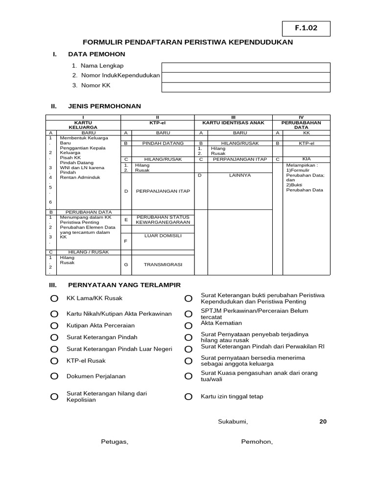(F 1.02) Formulir Pendaftaran Peristiwa Kependudukan | PDF