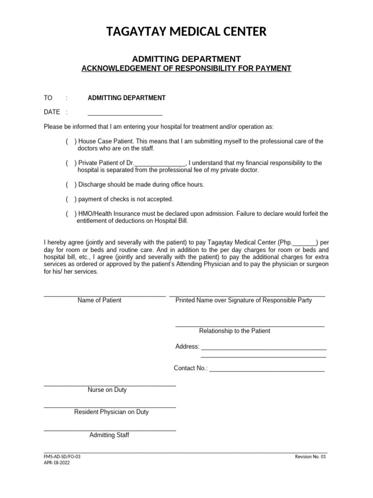 03.acknowledgement of Responsibility For Payment Rev 01 | PDF | Hospital | Patient