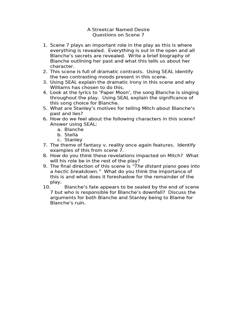 A Streetcar Named Desire Questions Scene 7 | PDF | Language Arts ...