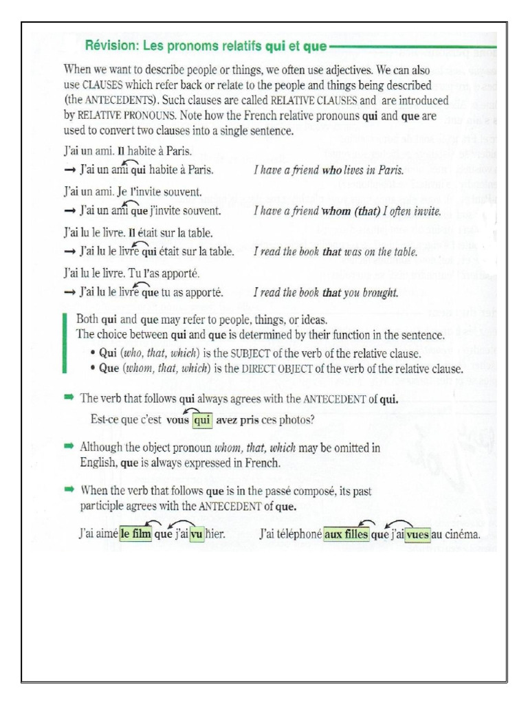 Les Pronoms Relatifs (Qui-Que) | PDF