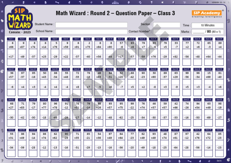 Math Wizard 2023 - R2 - QP - Set A Sample - Class 03 | PDF