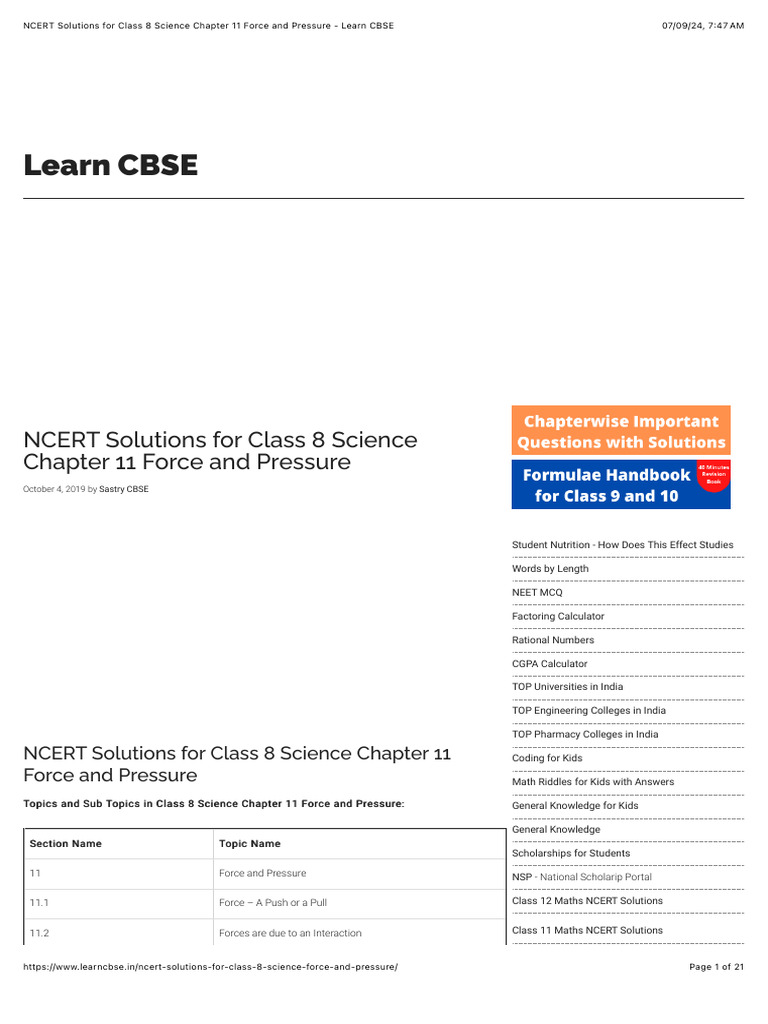 NCERT Solutions For Class 8 Science Chapter 11 Force and Pressure - Learn CBSE | PDF | Force ...
