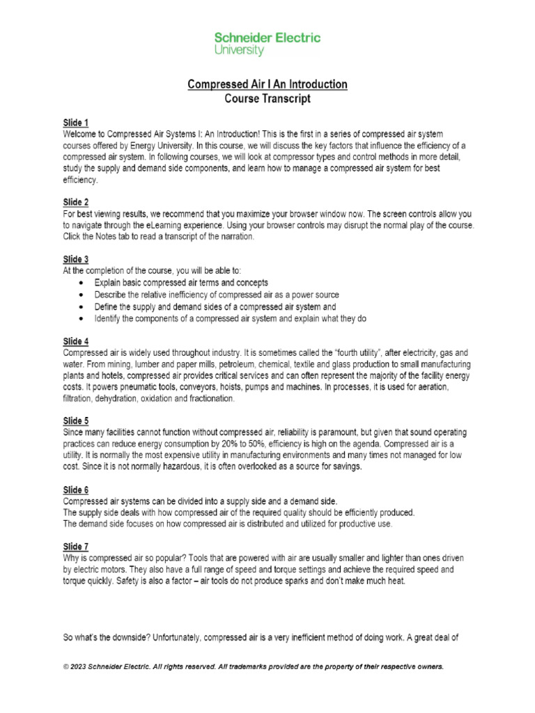 Course Transcript - Reference Materials - Compressed Air Systems I ...