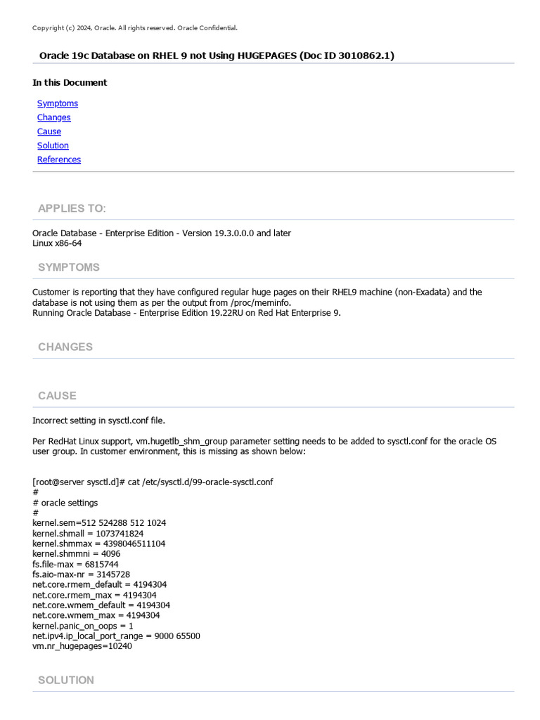 Oracle 19c Database On RHEL 9 Not Using HUGEPAGES (Doc ID 3010862.1) | PDF | Business | Computers
