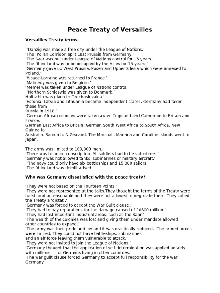 Notes Peace Treaty of Versailles | PDF | Weimar Republic | Treaty Of ...