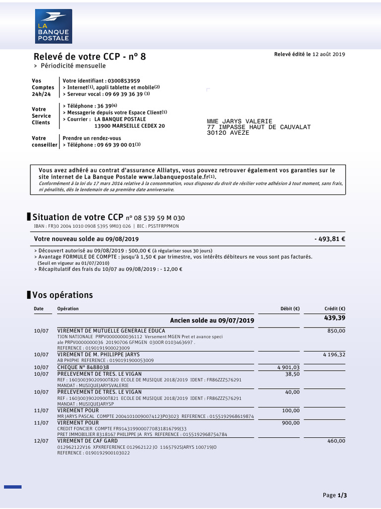 Relevé CCP n°8 - Août 2019 | PDF | Banques | Bancaire