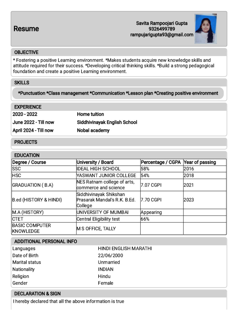 Savita Gupta's Teaching Resume | PDF