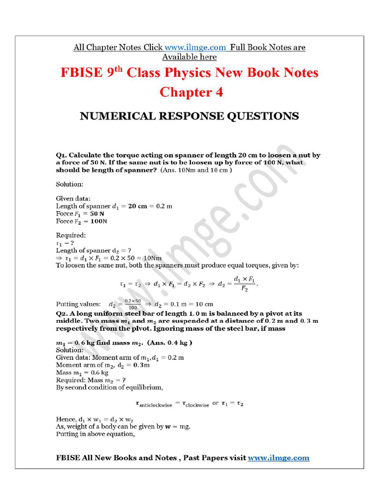 Fbise 9th Class Physics Numerical Chapter 4 | PDF