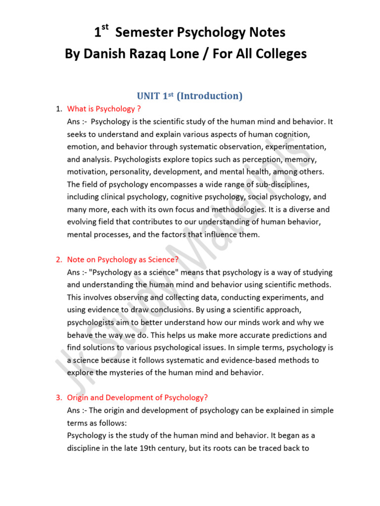 1st Semester Psychology Notes PDF | PDF | Psychology | Perception
