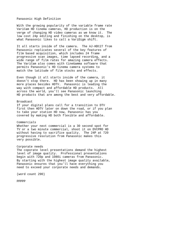 Panasonic High Definition | PDF