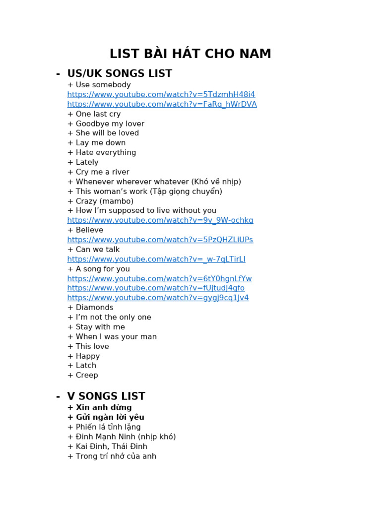 List Bài Hát Cho Nam | PDF