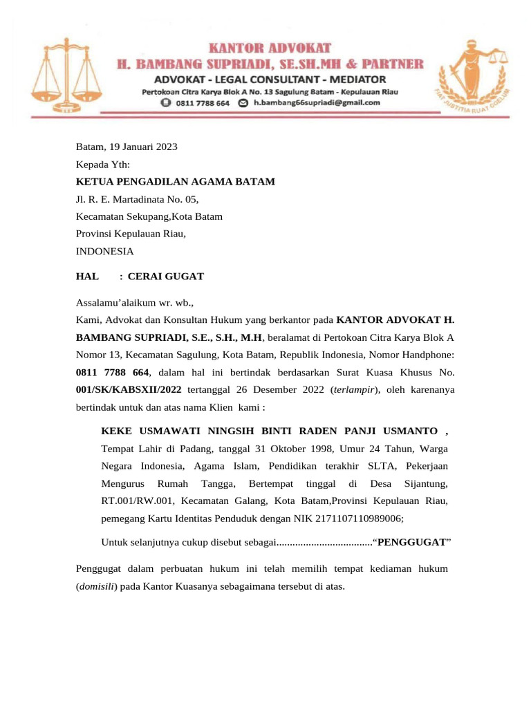 Contoh Surat GUGATAN CERAI (PENGADILAN AGAMA) | PDF