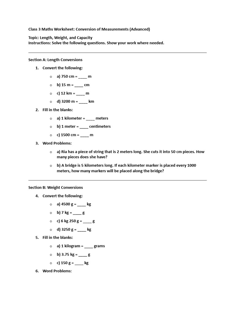 Class 3 Measurement Conversion Worksheet | PDF | Kilogram | Litre