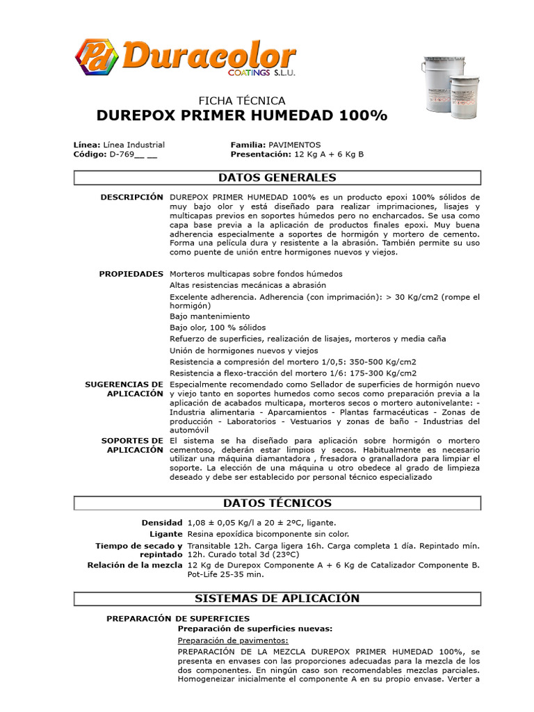 Durepox Primer Humedad 100% | PDF | Hormigón | Mortero (Albañilería)
