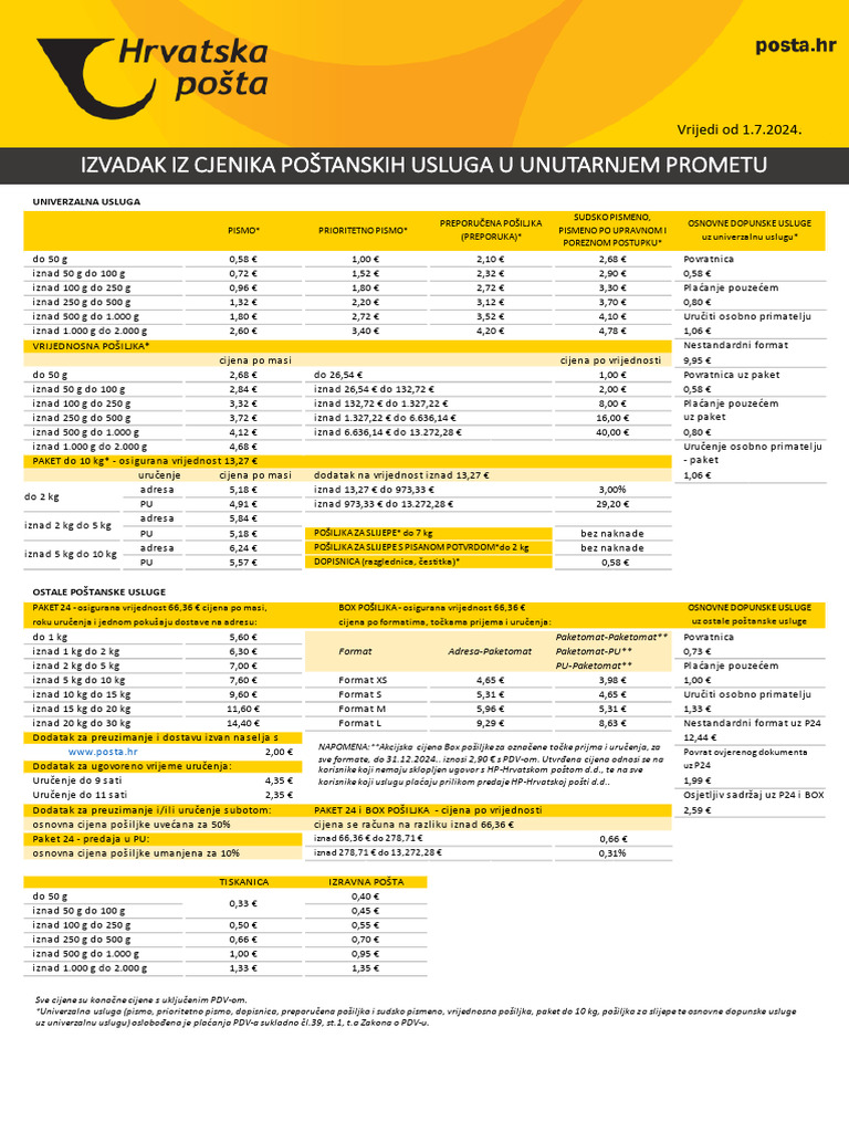 HP Izvadak Iz Cjenika Postanskih Usluga U Unutarnjem Prometu 20240701 | PDF