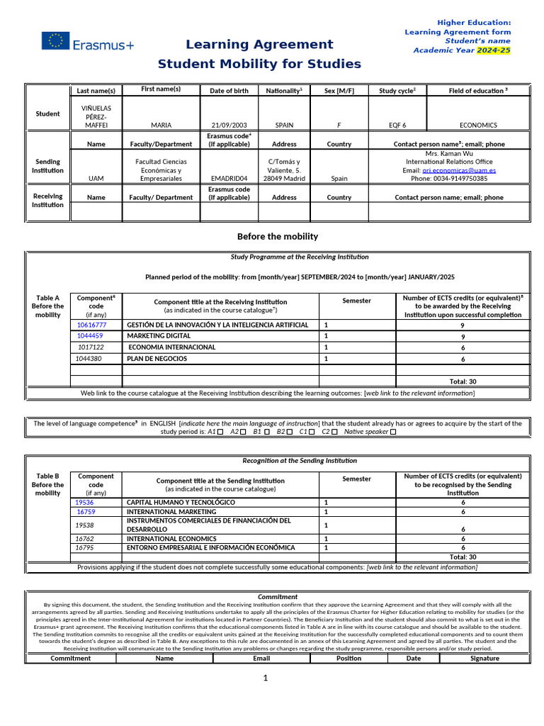 Learning Agreement Erasmus Estudios 2024-25 MVPM (Cambio 2) | PDF ...