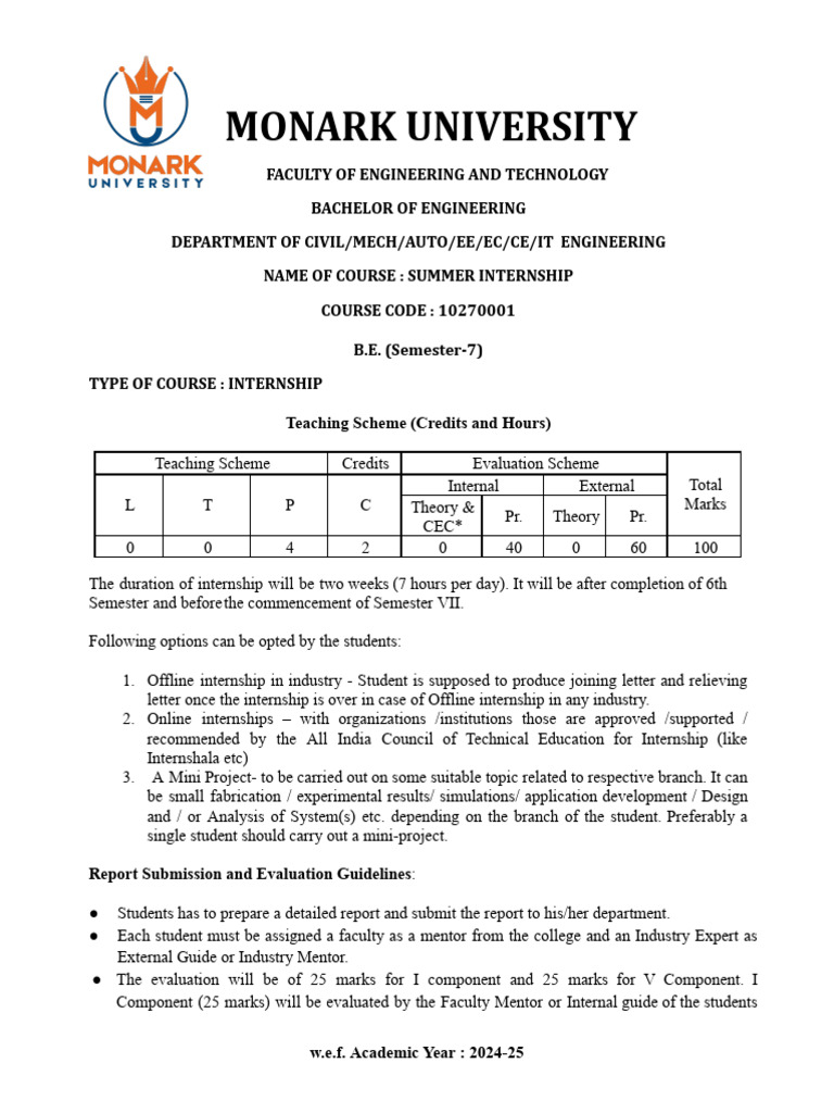Internship Syllabus of Be Sem-7 | PDF