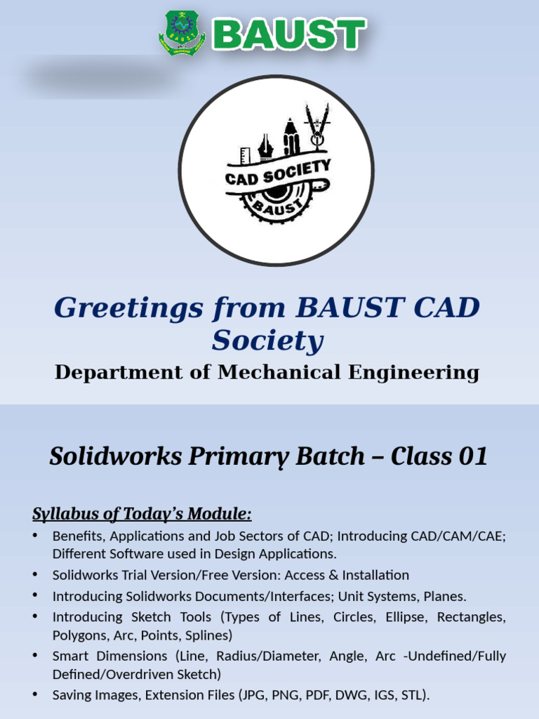 BAUST CAD Society 2022 - SolidWorks Class 01 | PDF | Computer Aided ...