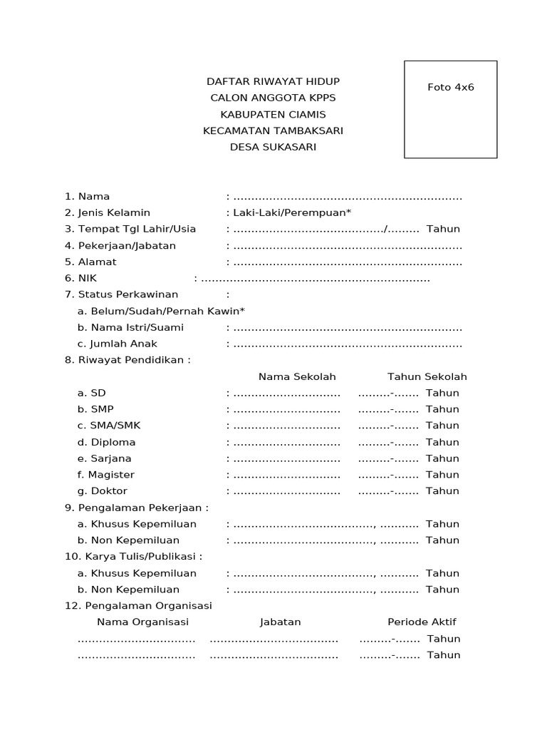 TEMPLATE - DAFTAR RIWAYAT HIDUP KPPS PILKADA 2024 - Use KPPS | PDF ...