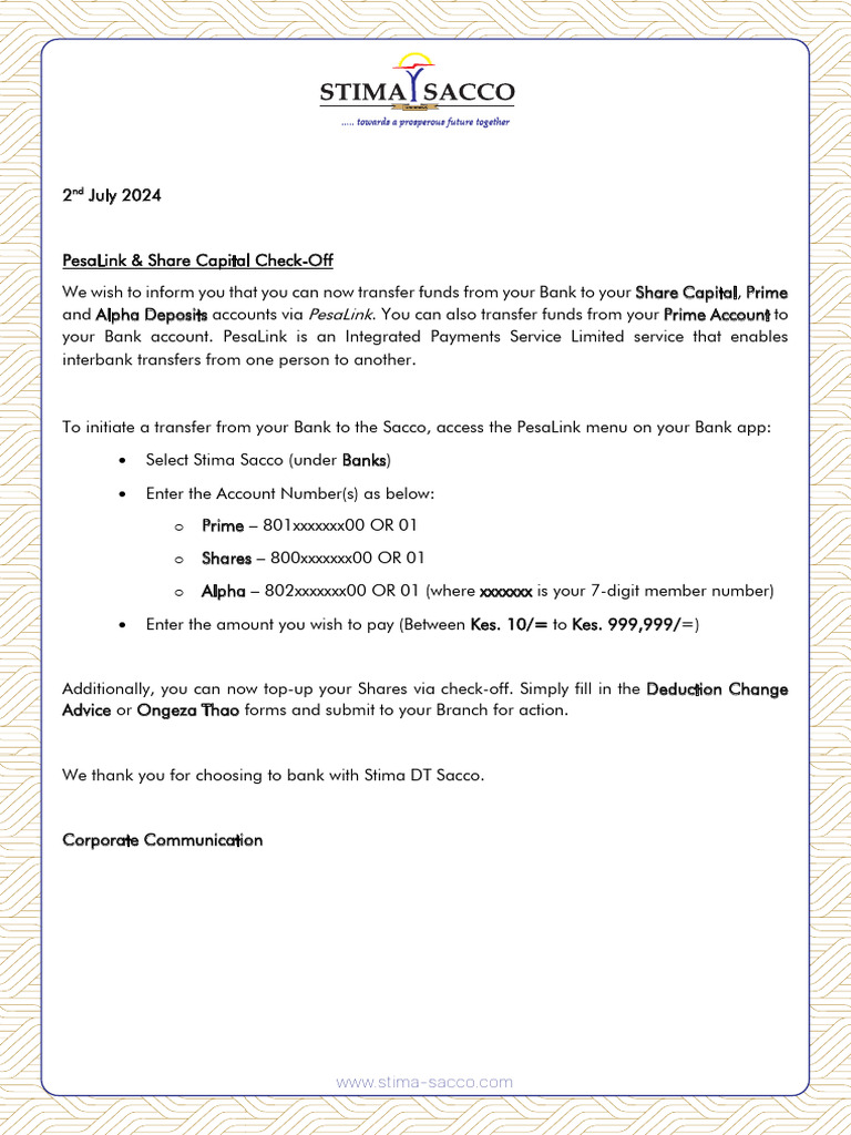 PesaLink Transfers for Stima Sacco Members | PDF