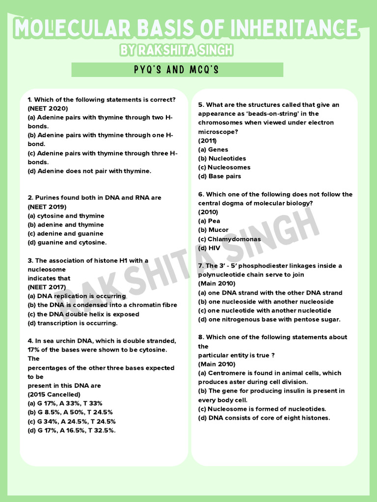 NEET MCQs on Molecular Inheritance | PDF | Operon | Genetic Code