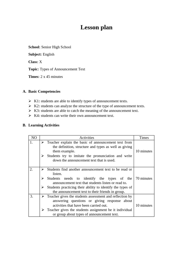 High School English: Announcements | PDF | Lesson Plan | Cognition