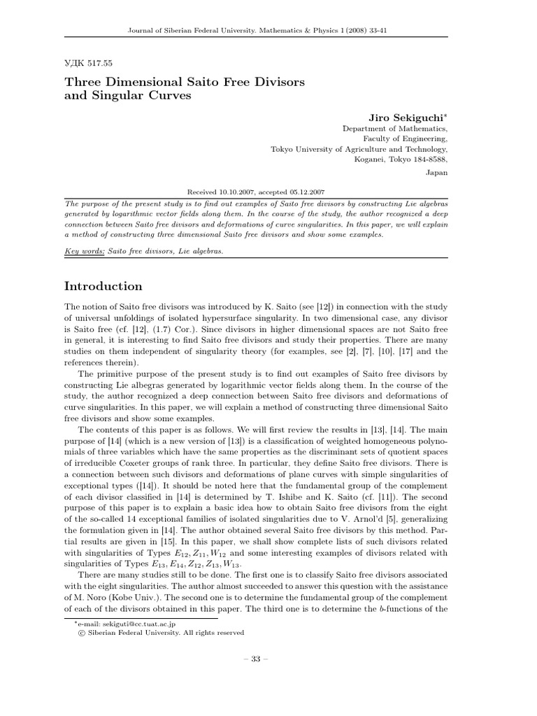 Three Dimensional Saito Free Divisors and Singular Curves | PDF | Vector Space | Field (Mathematics)