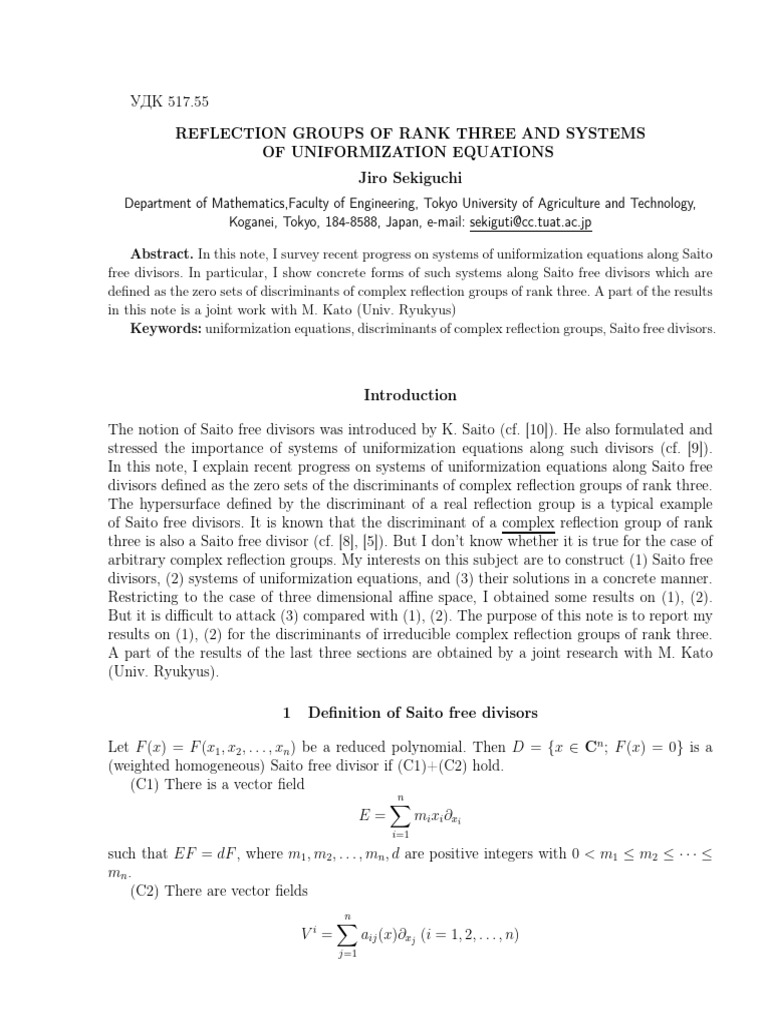 Reflection Groups of Rank Three and Systems of Uniformization Equations | PDF | Equations | Geometry