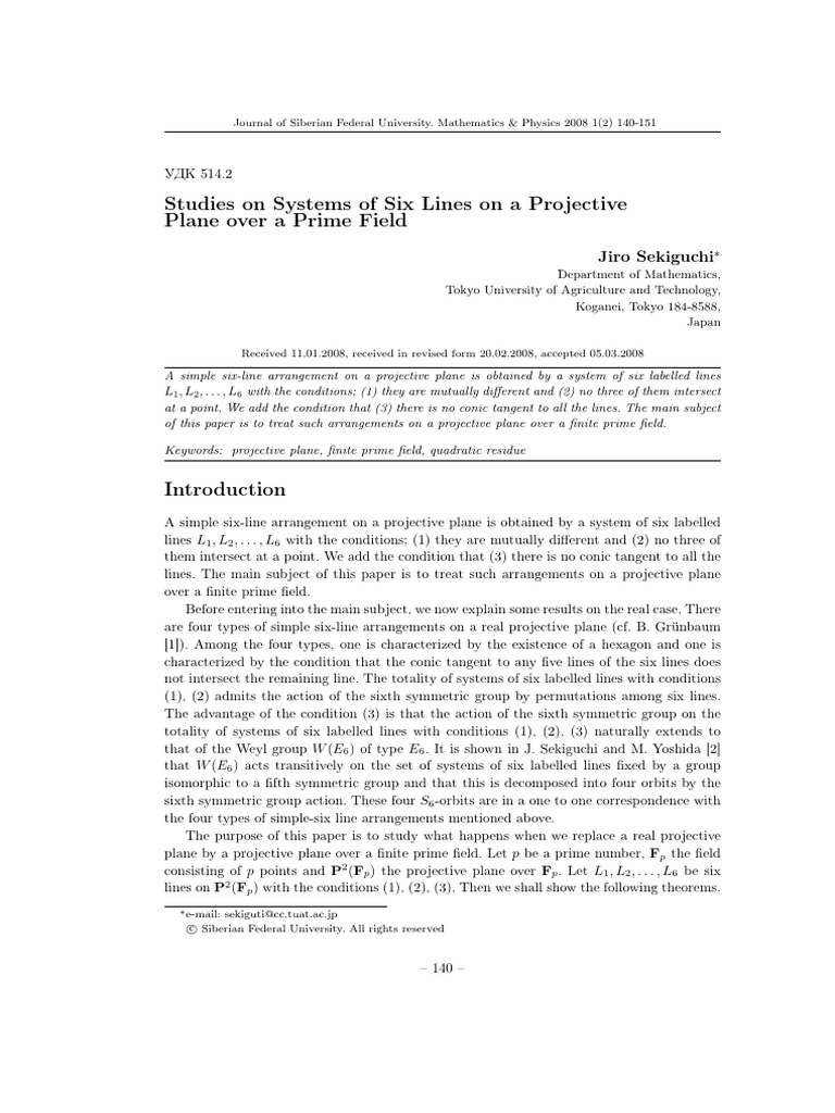 Studies On Systems of Six Lines On A Projective Plane Over A Prime Field | PDF | Mathematical ...