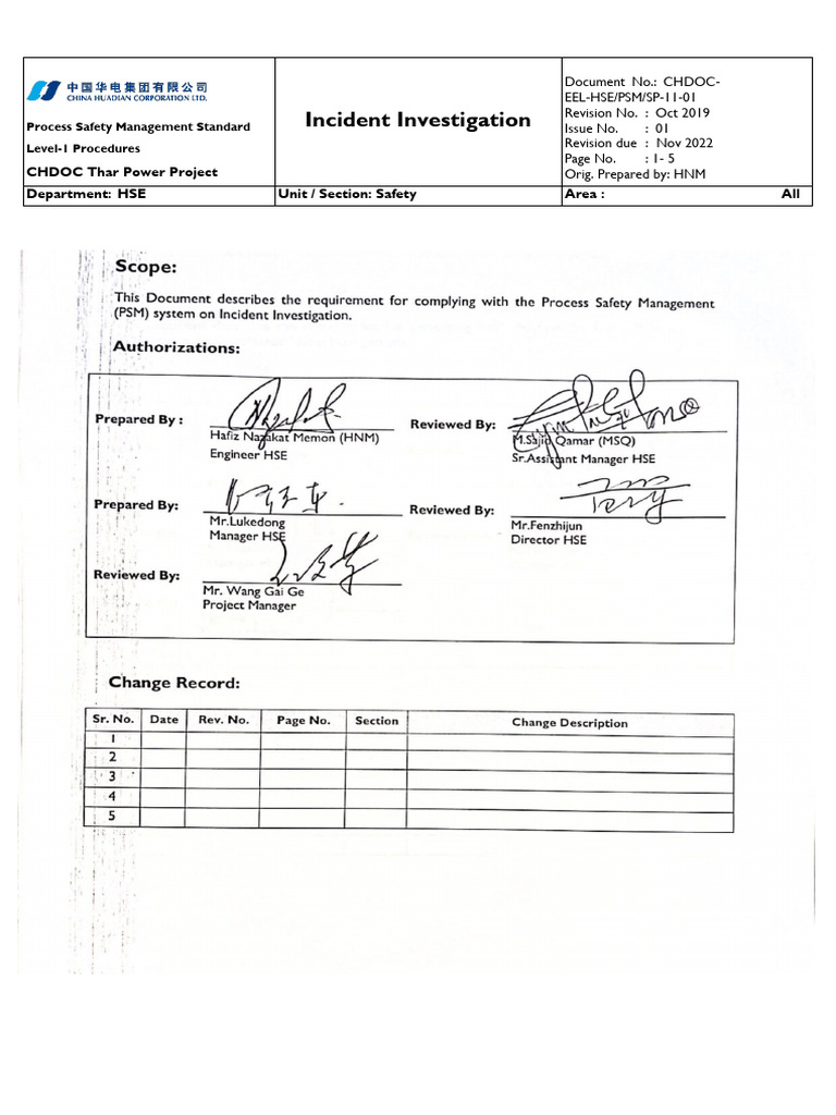 PSM 11 - Incident Investigation (Level 1 Document) | PDF | Business