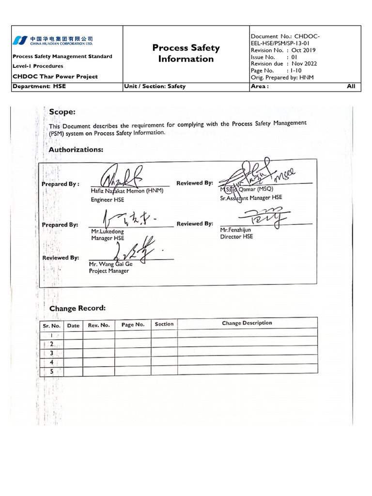 PSM 13 - Process Safety Information (Level 1 Document) | PDF | Safety