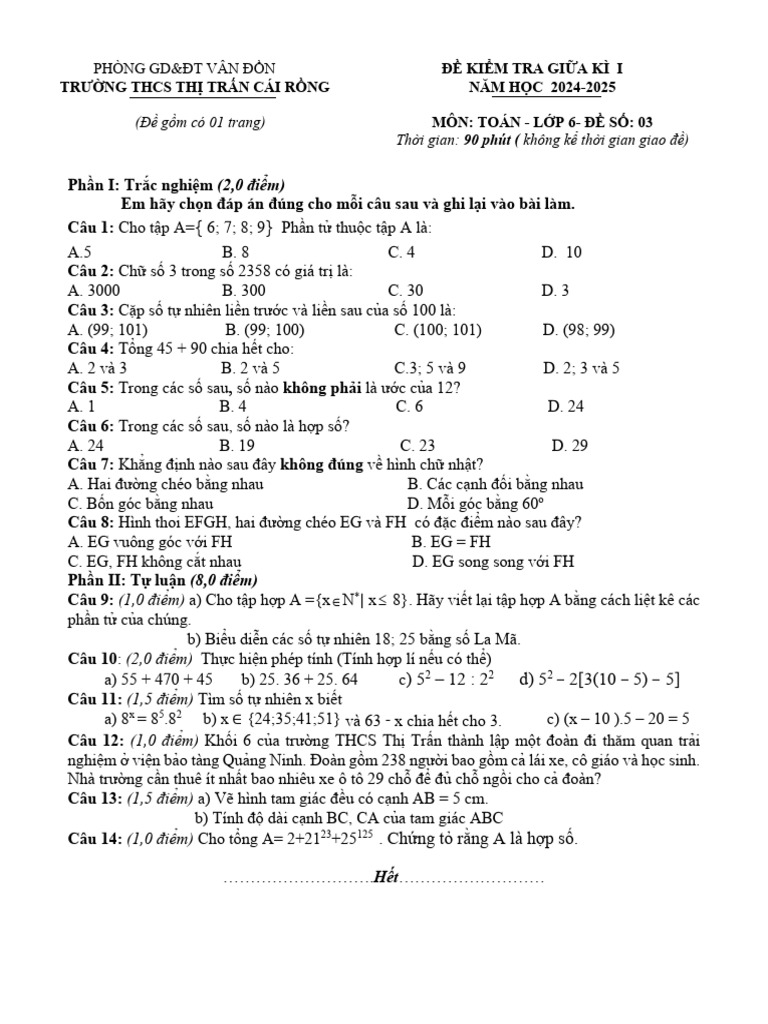 De gk1 Toan 6 Nam 2024 2025 Truong Thcs Thi Tran Cai Rong Quang Ninh | PDF
