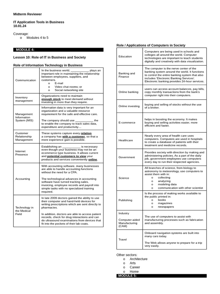 IT 20 Midterm Reviewer 1 | PDF | Microsoft Excel | Spreadsheet