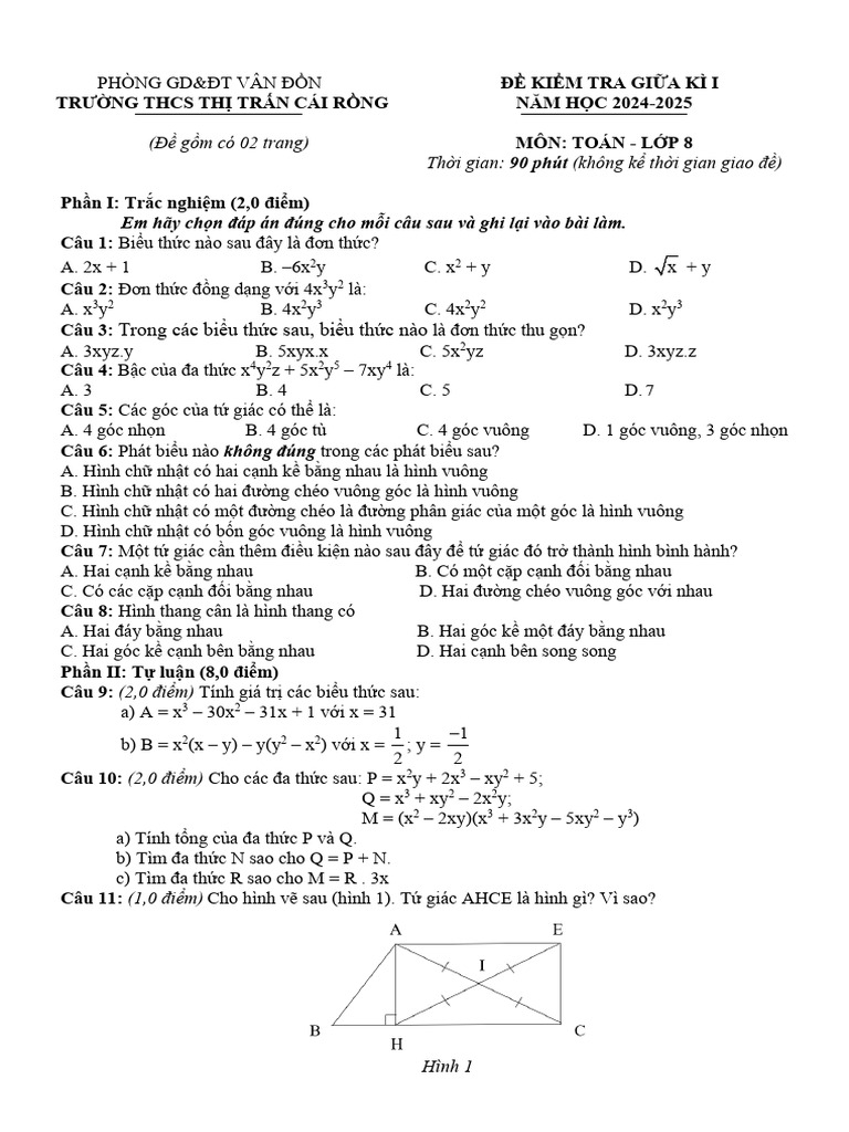 De gk1 Toan 8 Nam 2024 2025 Truong Thcs Thi Tran Cai Rong Quang Ninh | PDF