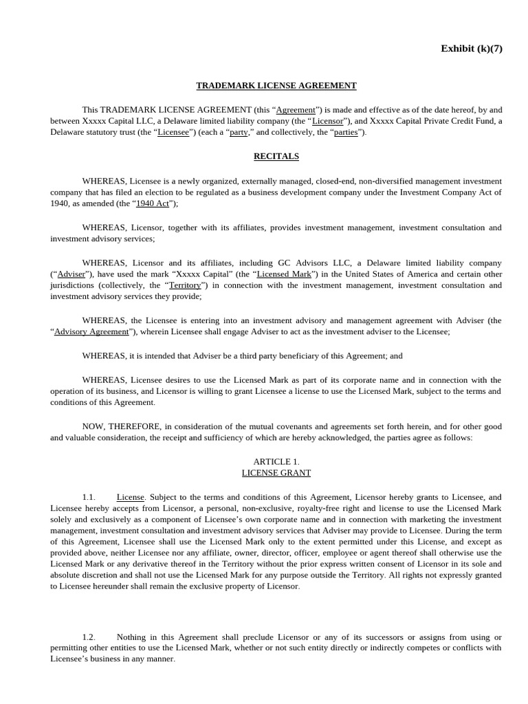 Law - Insider - Golub Capital Private Credit Fund - Trademark License ...