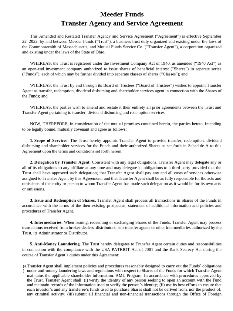 Transfer Agency Agreement Details | PDF | Indemnity | Regulatory Compliance