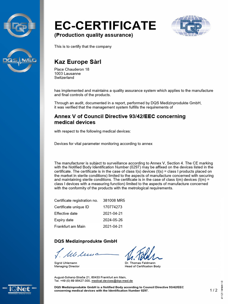 Kaz Europe Sarl EC Certificate 381008 MR5 2024 05 26 EN | PDF | Medical ...